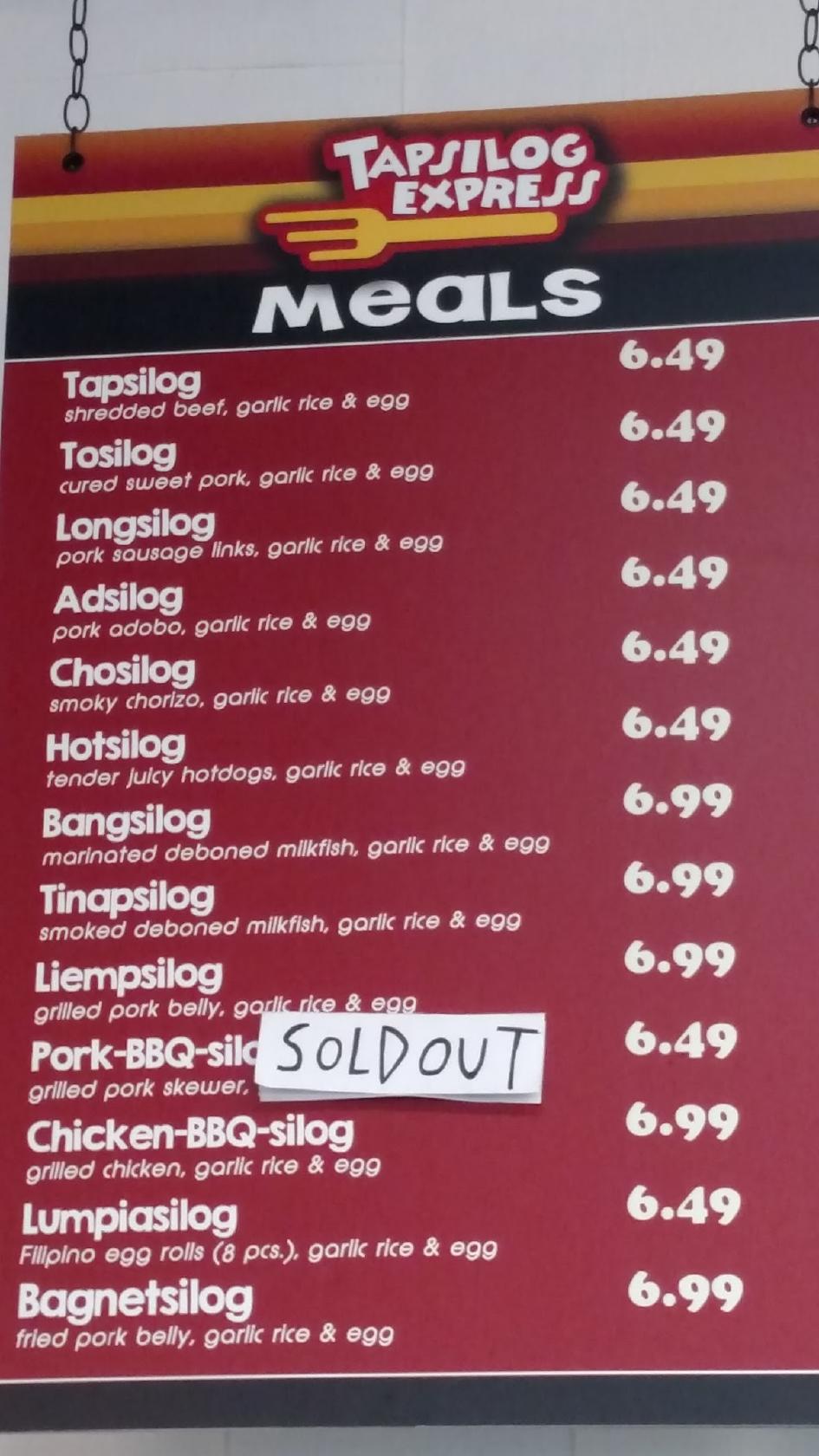 Menu at Tapsilog Express fast food, San Leandro, Washington Ave