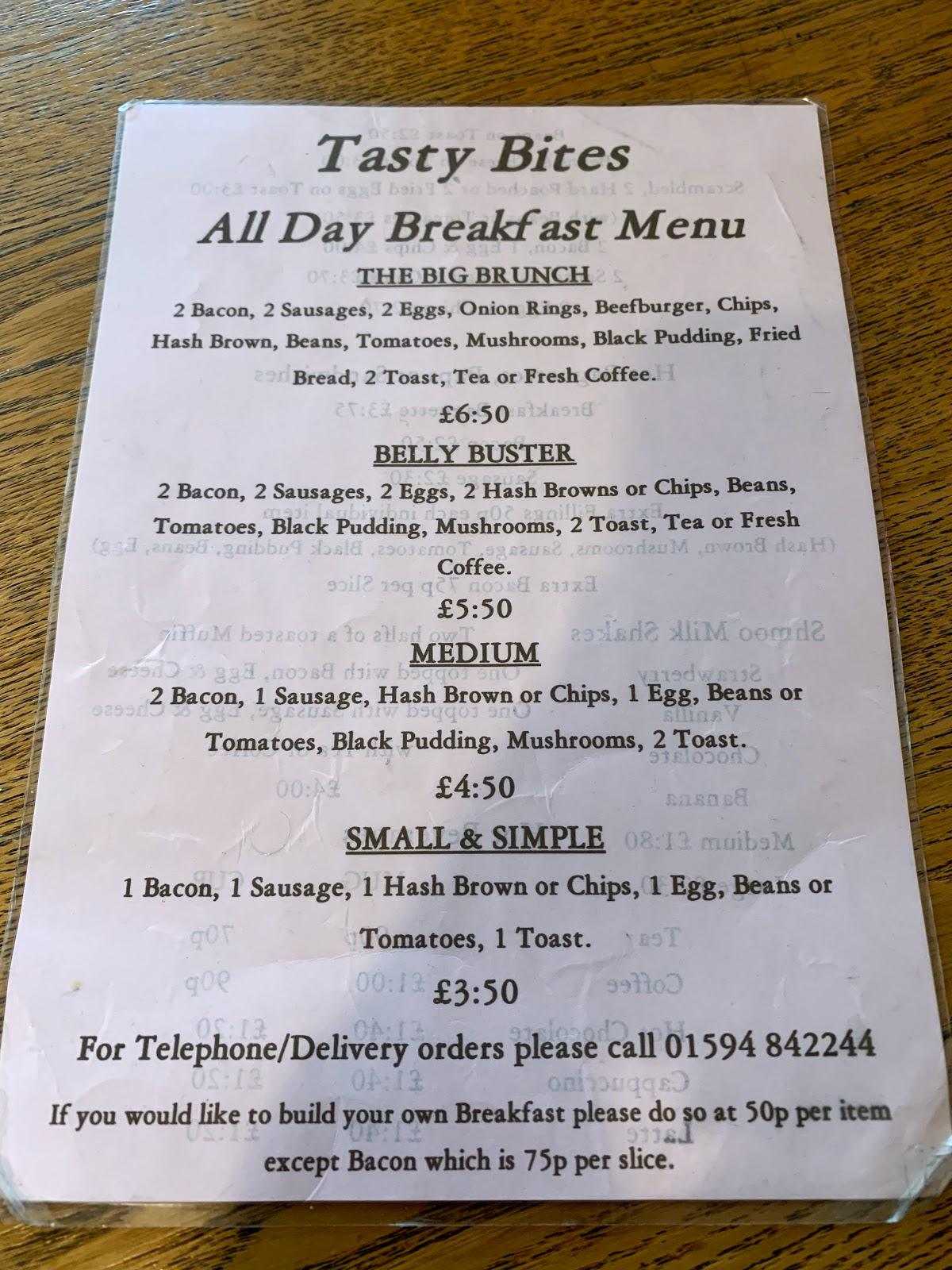 Menu at Tasty Bites cafe, Lydney