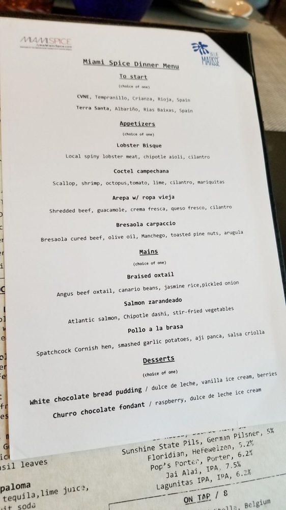 Carta del restaurante Blue Matisse, Doral