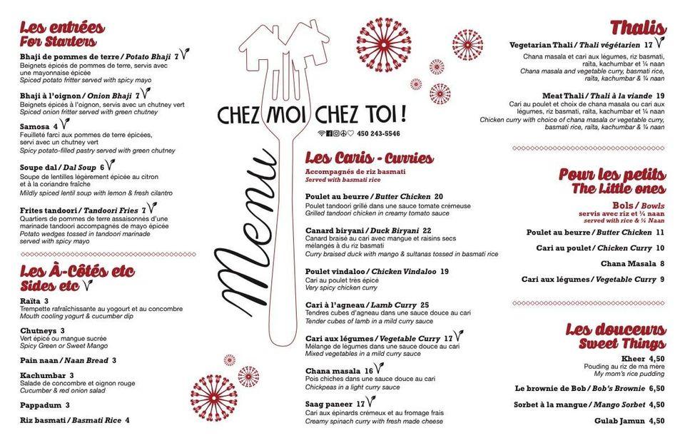 Menu au Chez Moi Chez Toi restaurant, Knowlton