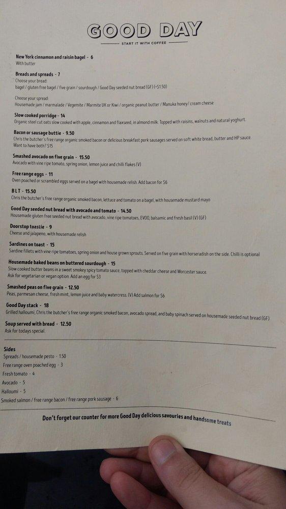Menu at Good Day cafe, Auckland