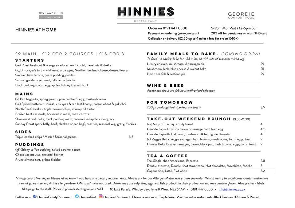 Menu at Hinnies Restaurant, Whitley Bay