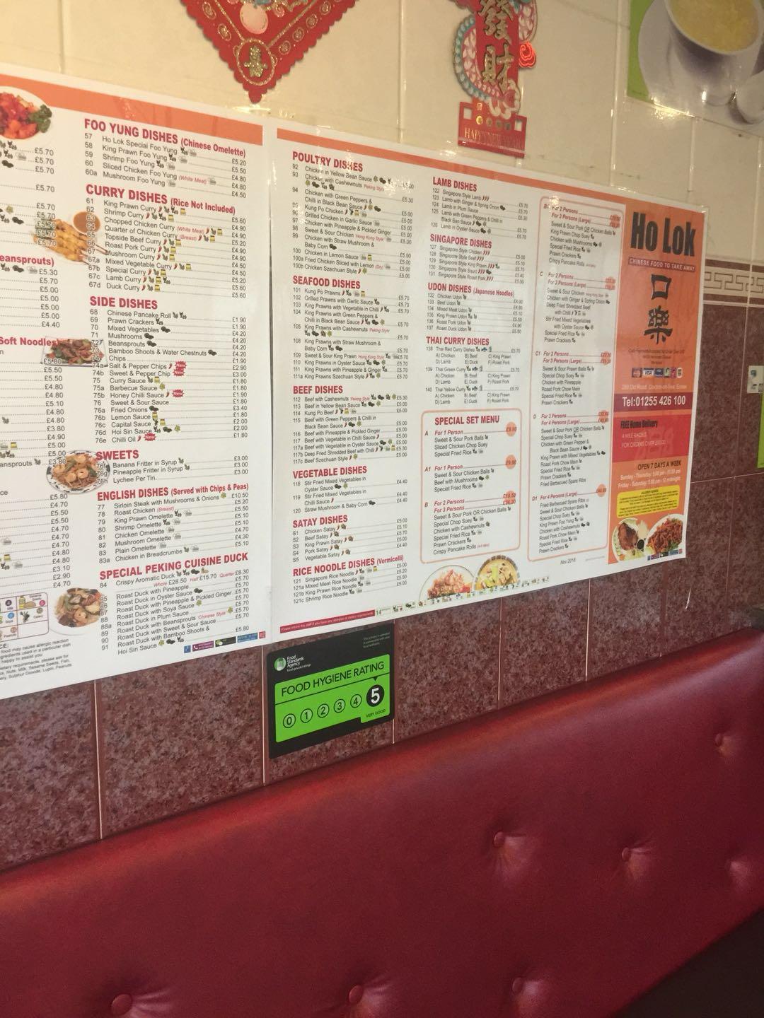 Menu at Ho-Lok fast food, Clacton-on-Sea