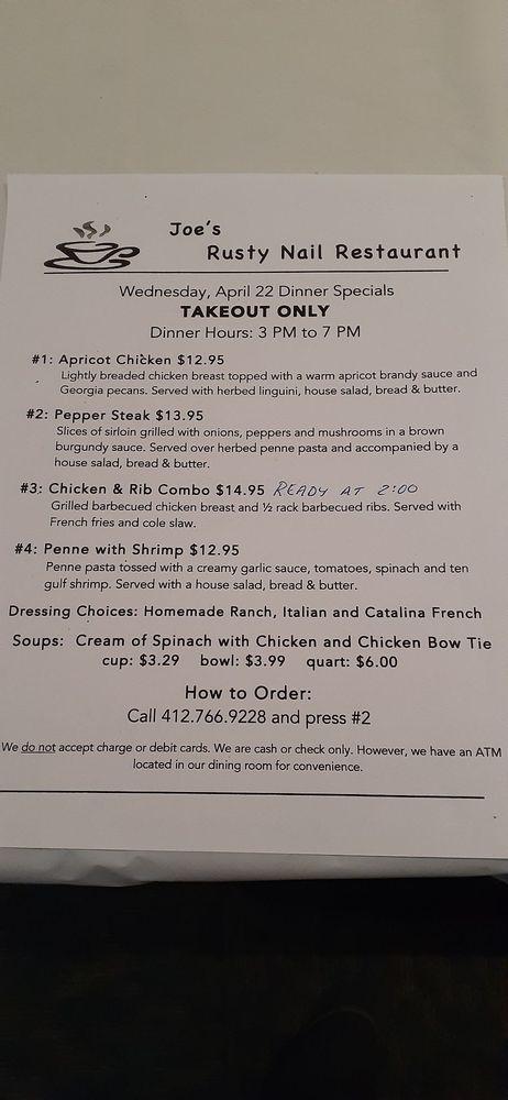 Menu at Joe's Rusty Nail Restaurant, Bellevue