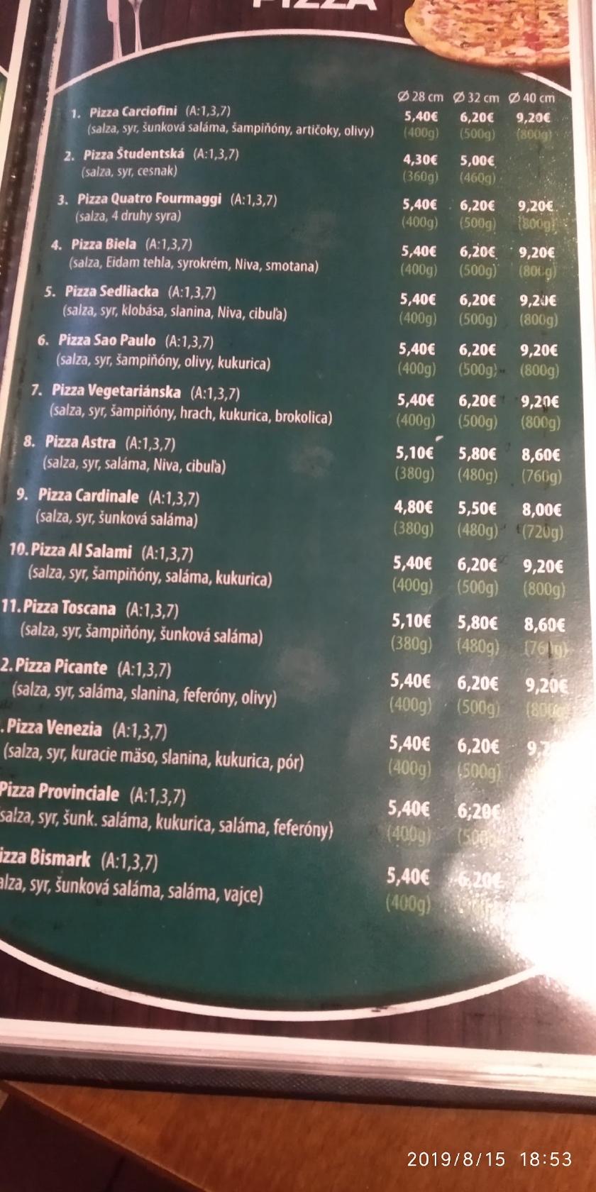 Menu at Restauracia a pizzeria Novstav, Turčianske Teplice