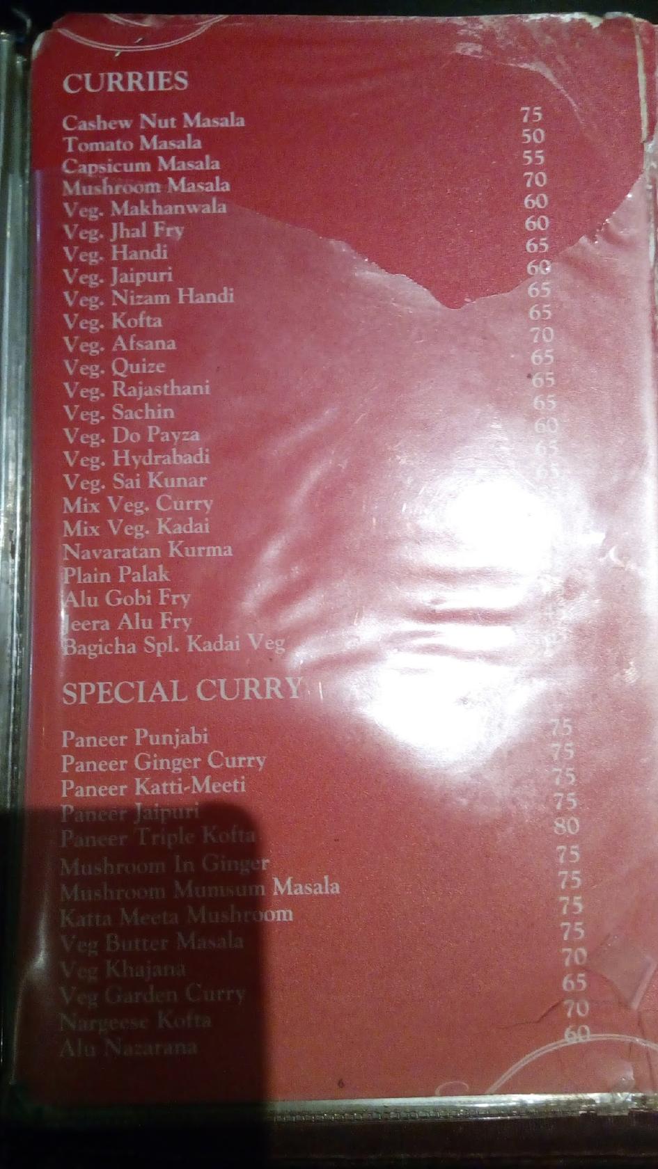 Menu at Spice Box, Toranagallu