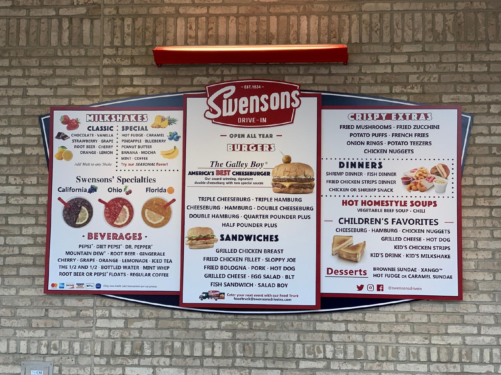 Menu at Swensons Drive-In fast food, North Olmsted