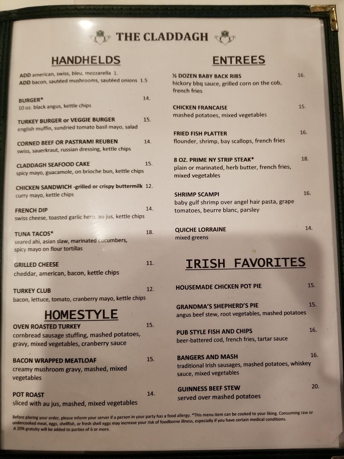 Menu at The Claddagh restaurant, Westhampton Beach