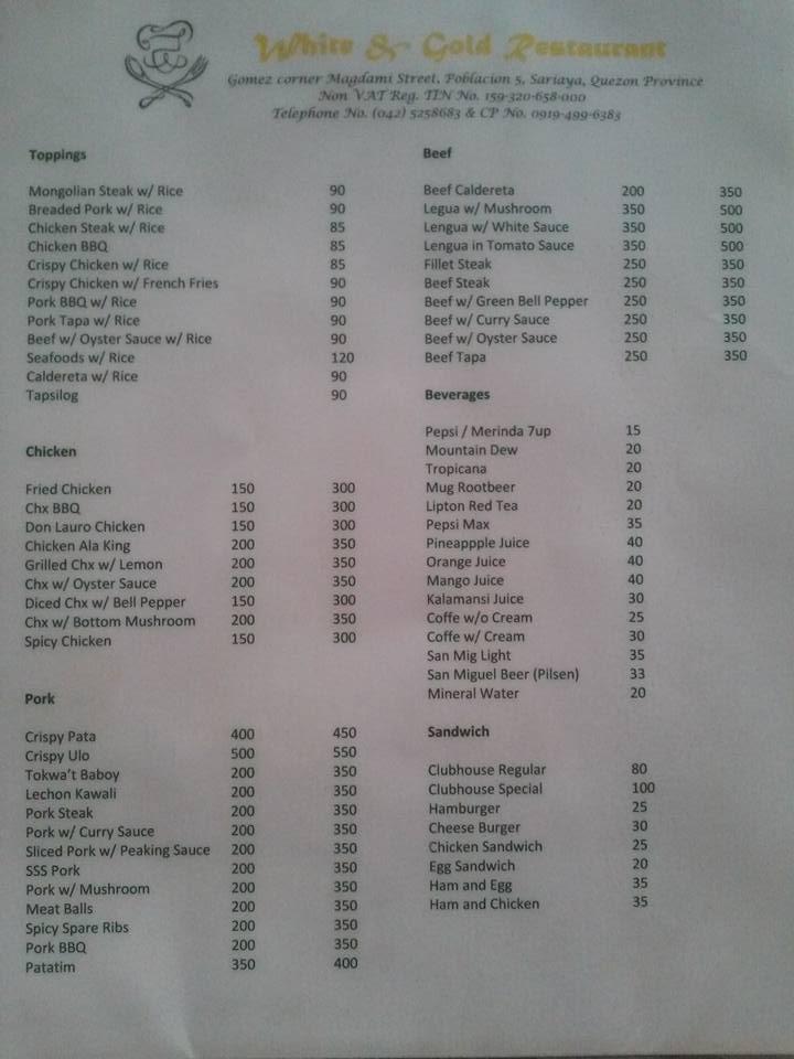 Menu at WHITE and GOLD Restaurant, Sariaya