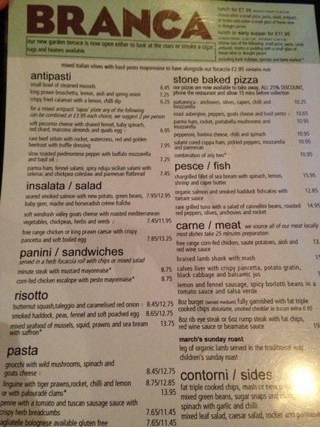 Menu at Branca Bar, Restaurant and Deli, Oxford, 111 Walton St