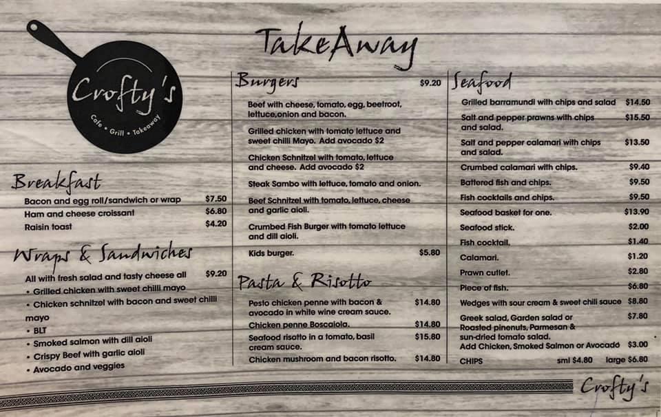 Menu at Crofty's cafe, Wadalba