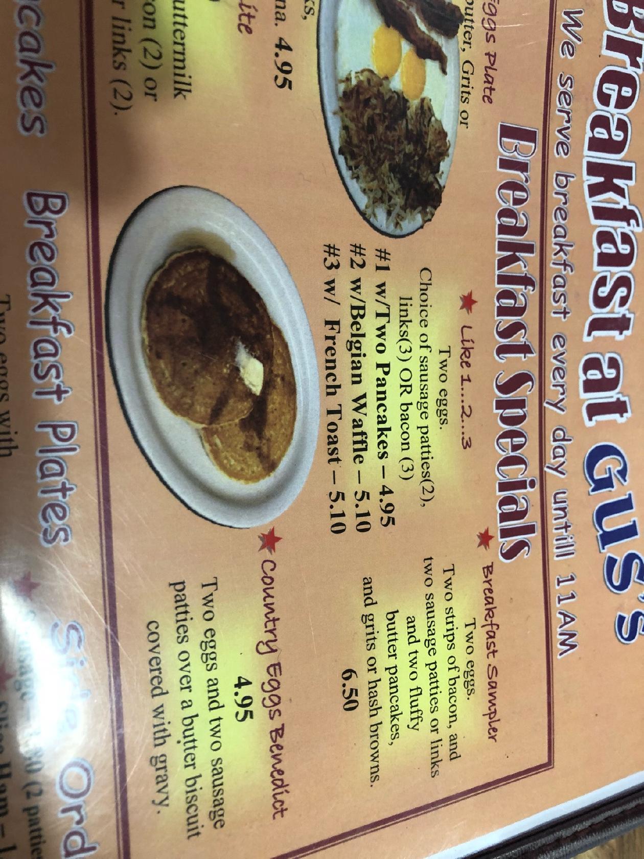 Menu at Gus's Streetside Cafe, Greenville