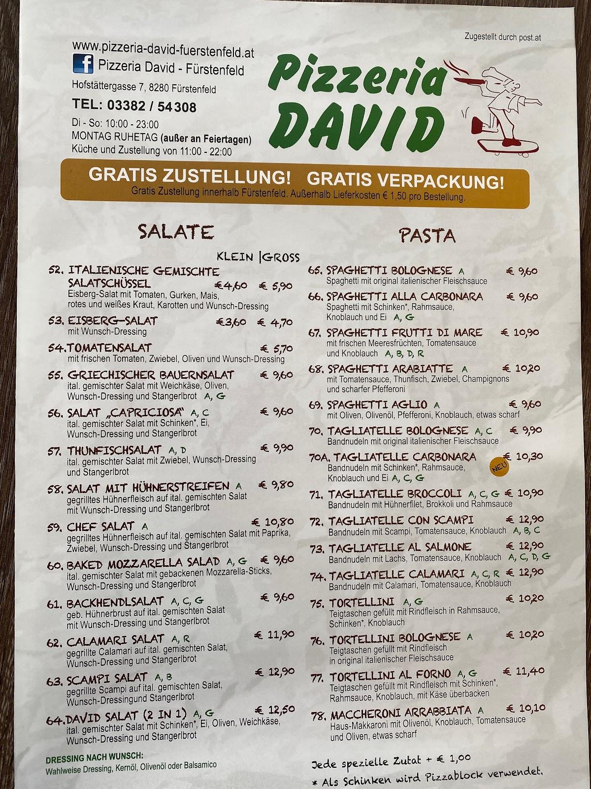 Speisekarte von Pizzeria David, Fürstenfeld