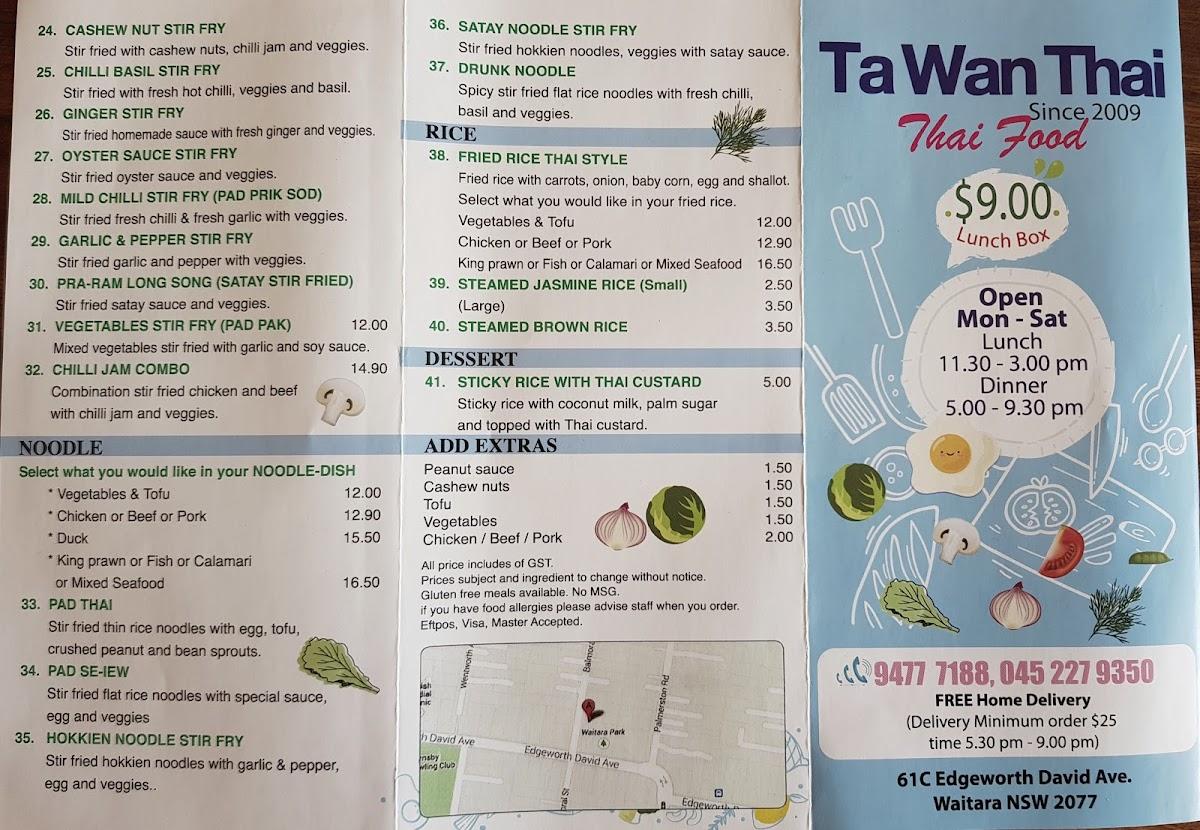 Menu at Ta Wan Thai restaurant, Waitara