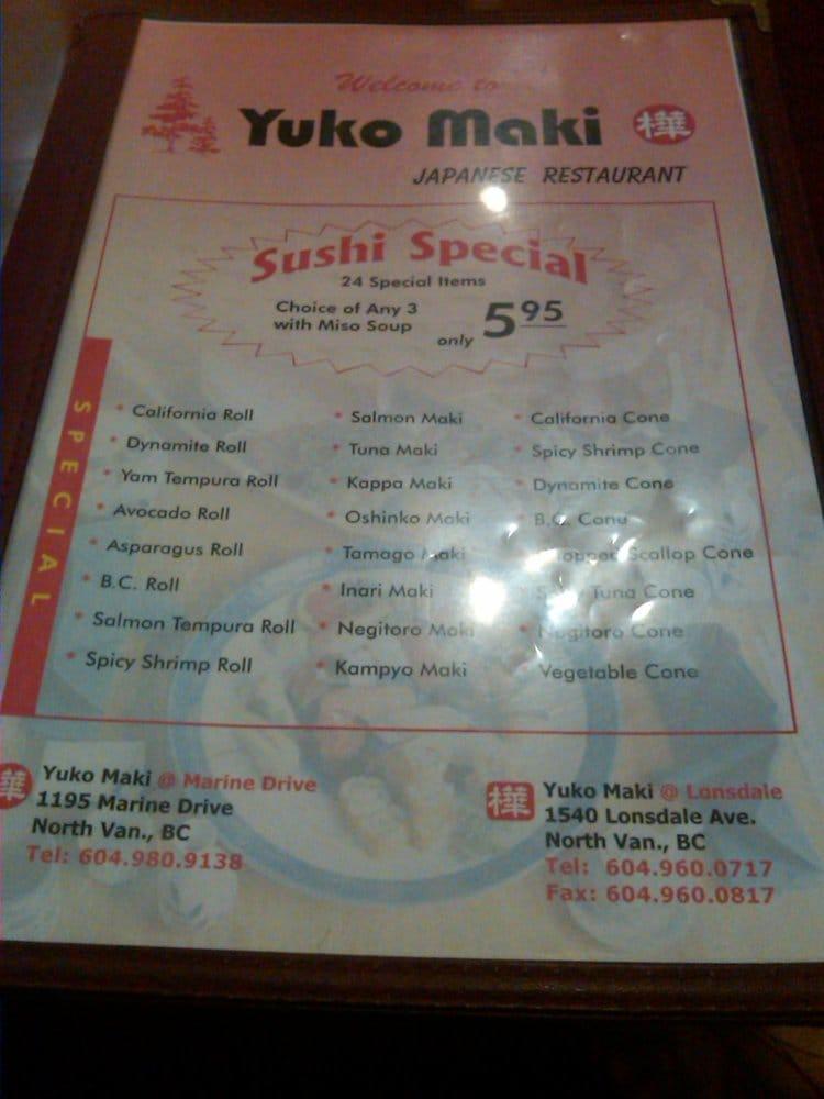 Menu at Yuko Maki restaurant, North Vancouver, Lonsdale Ave
