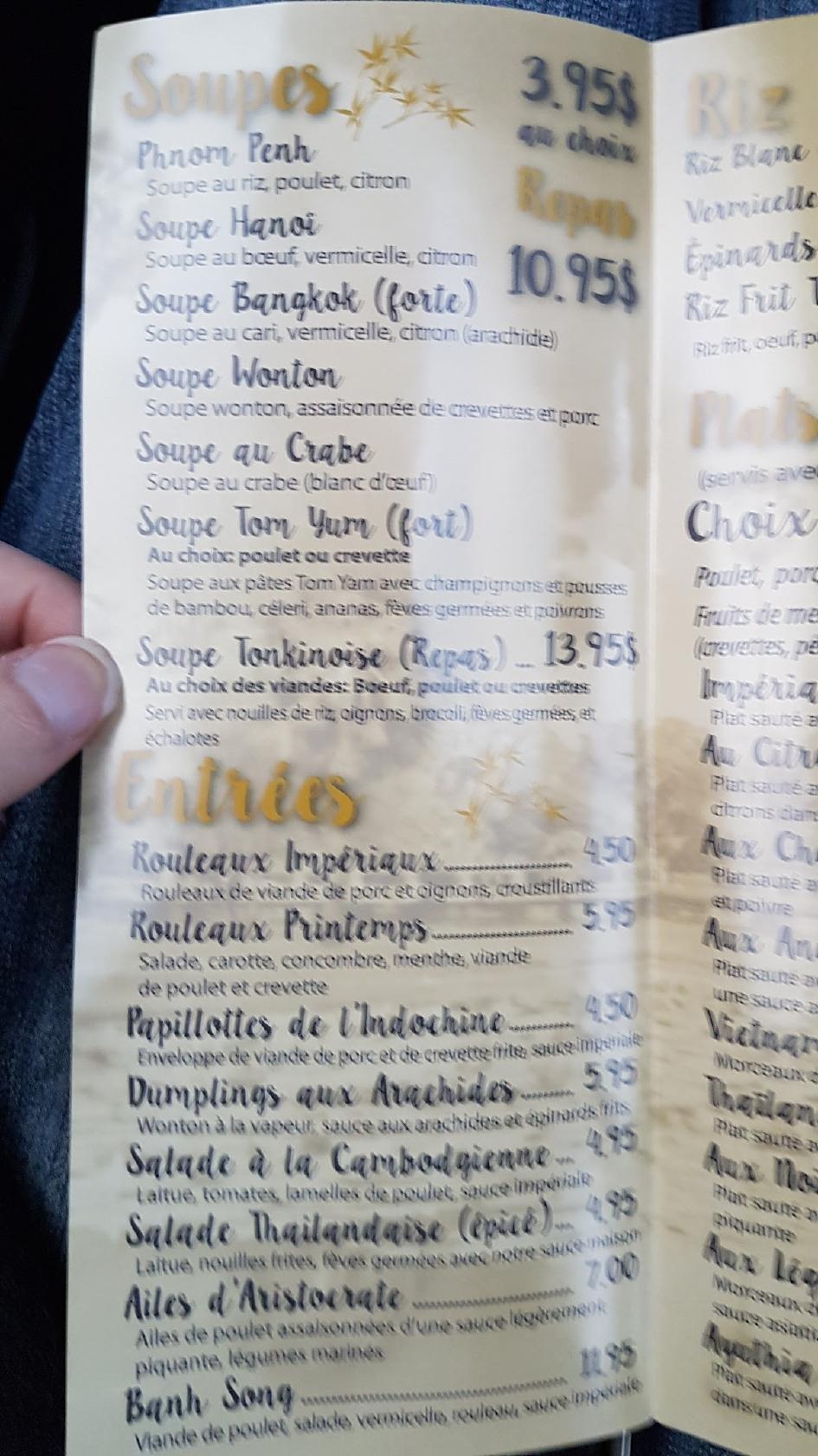 Menu au Ambiances d’Angkor restaurant, Canada