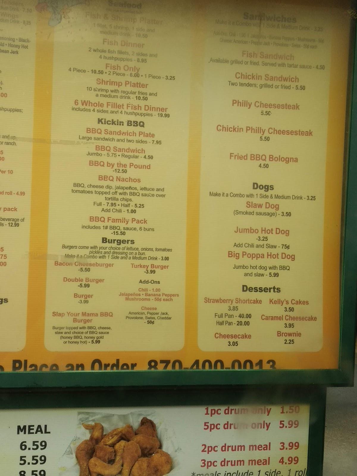 Menu at Kelley's Kickin Chicken restaurant, West Memphis