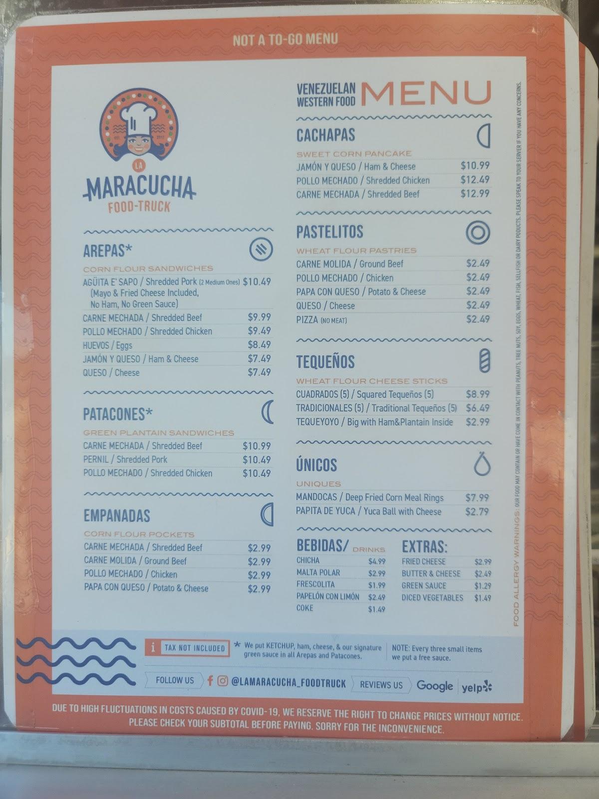 Menu at La Maracucha Food-Truck restaurant, Gainesville, W University Ave