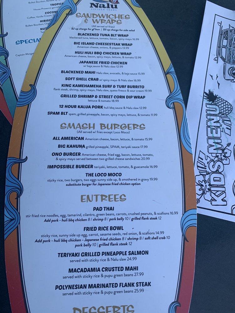 Menu at Nalu restaurant, Rehoboth Beach