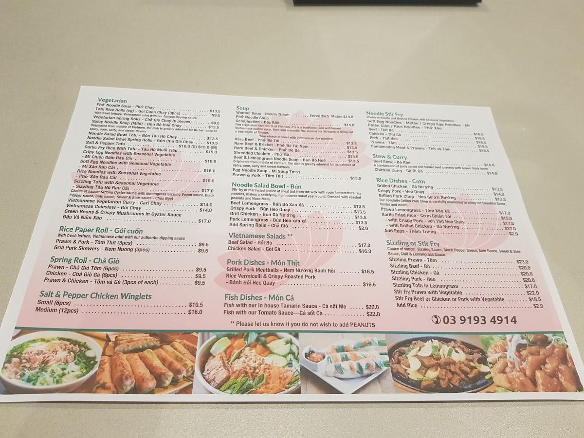 Menu at Saigon Sen restaurant, Albert Park