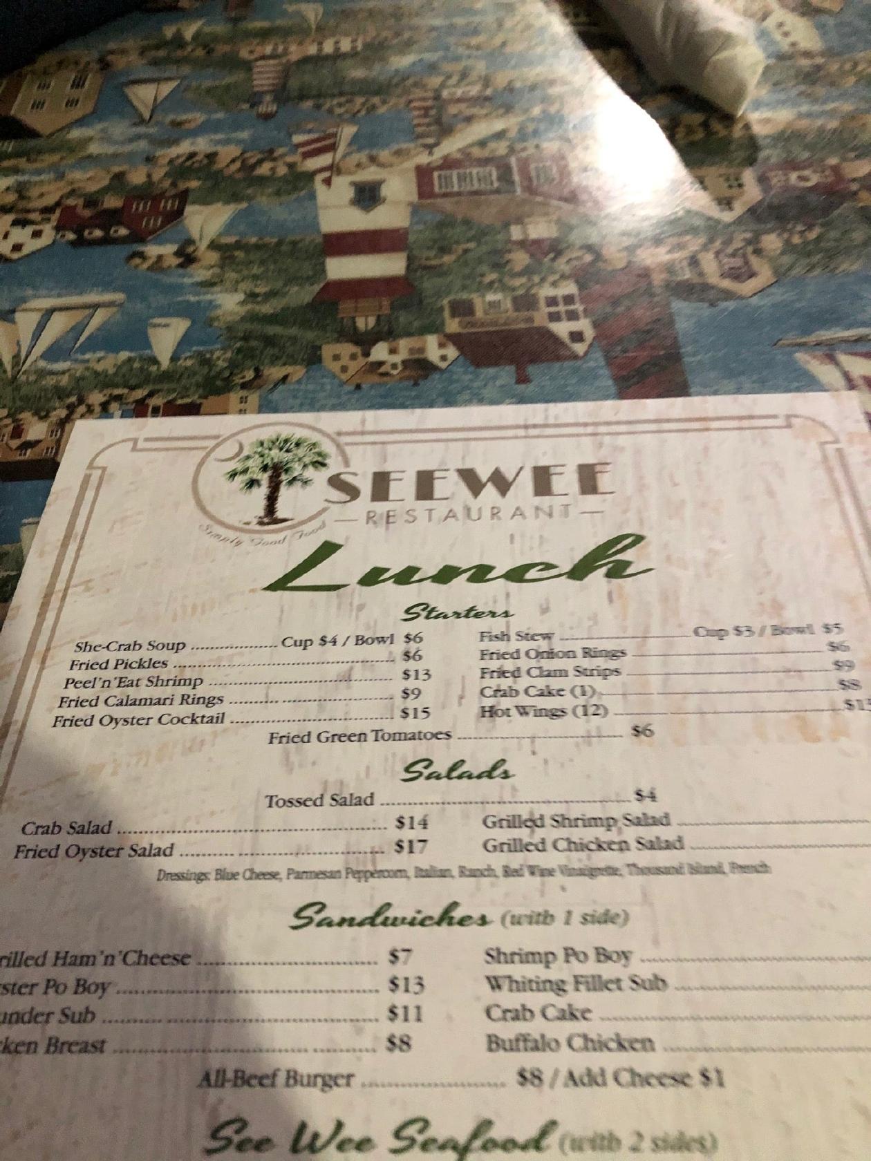 Menu at Seewee Restaurant, Awendaw, 4808 N Hwy 17