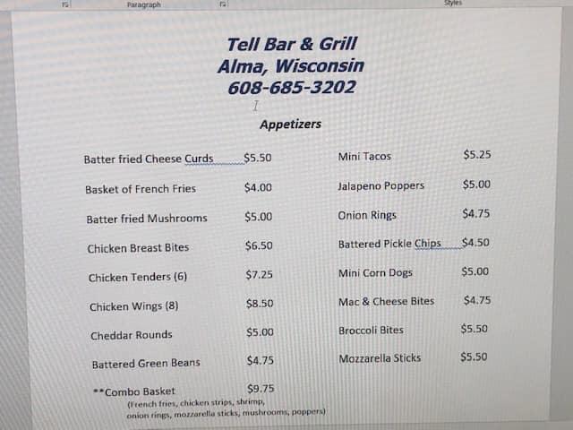 Menu at Tell Bar & Grill, Alma