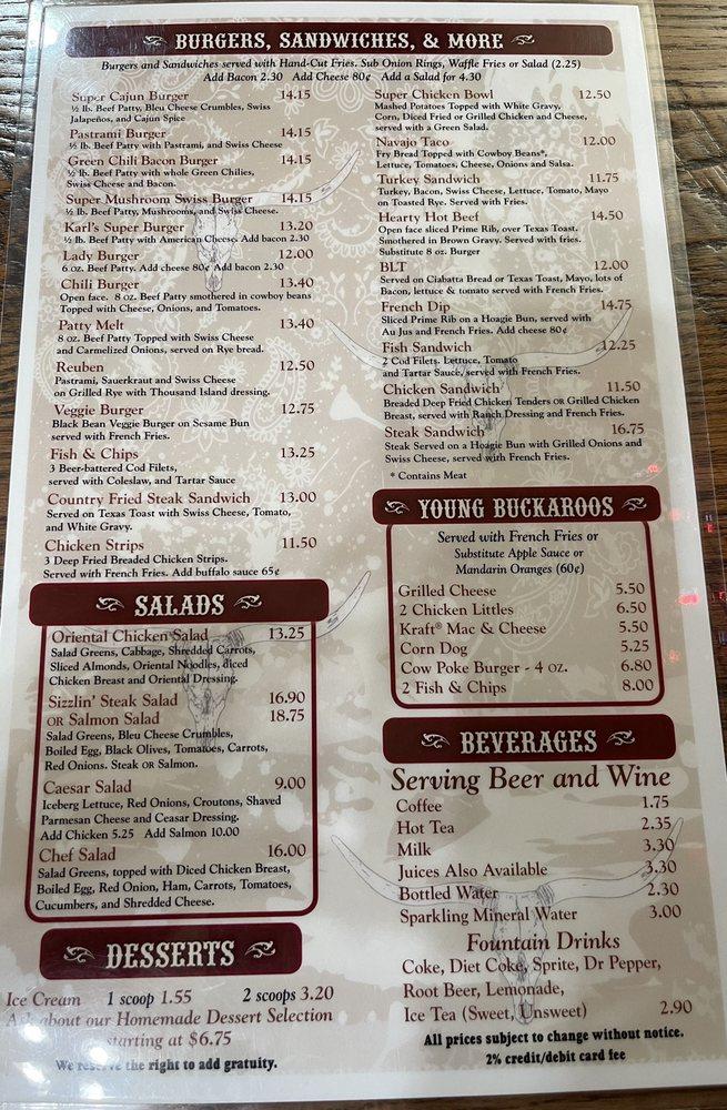 Menu at Susie's Branding Iron Restaurant, Moab