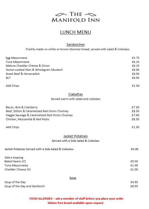 Menu at The Manifold Inn pub & bar, Hulme End