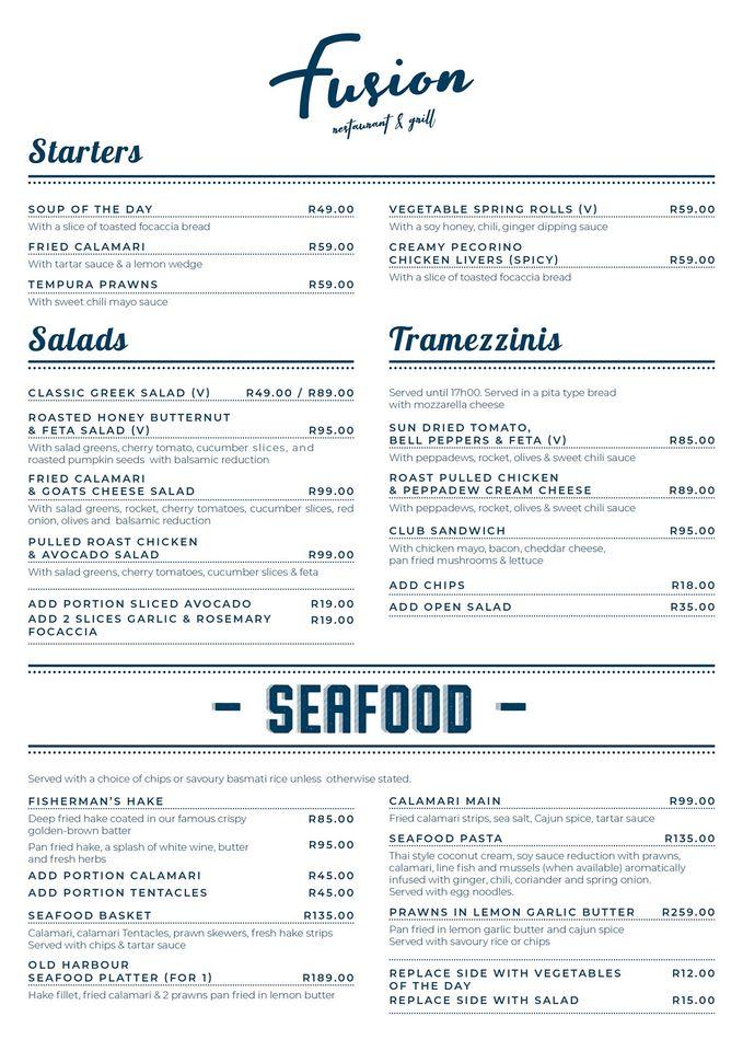 Menu at Fusion Restaurant - Hermanus, Hermanus