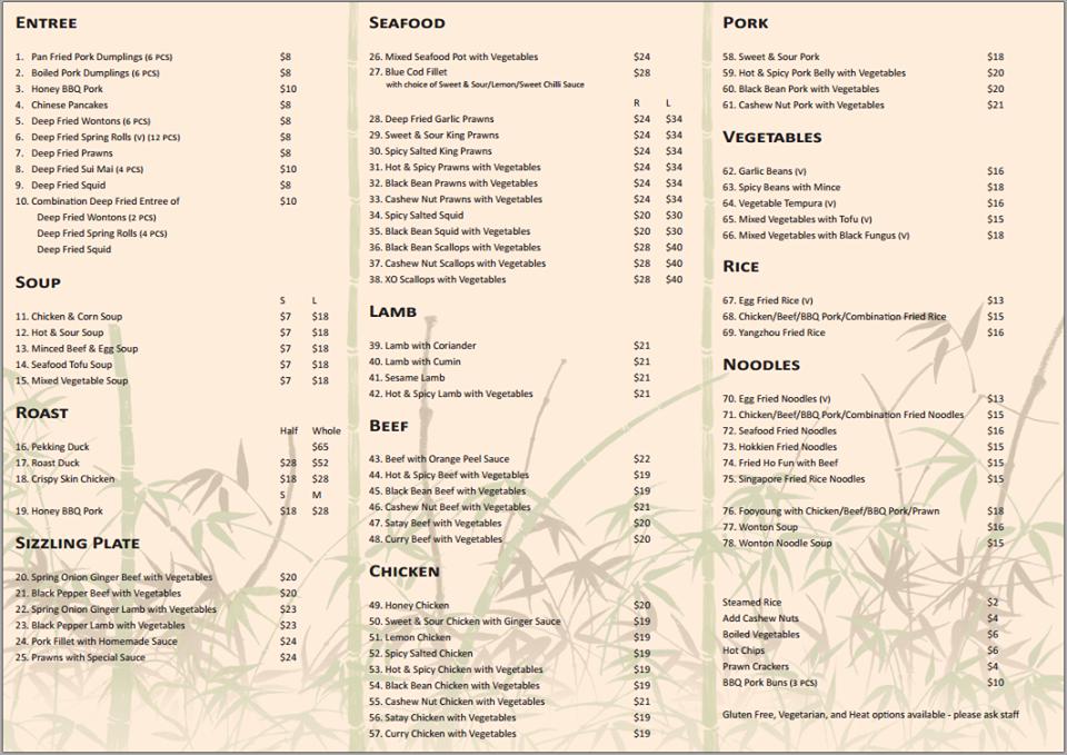 Menu at Golden Panda restaurant, Rangiora