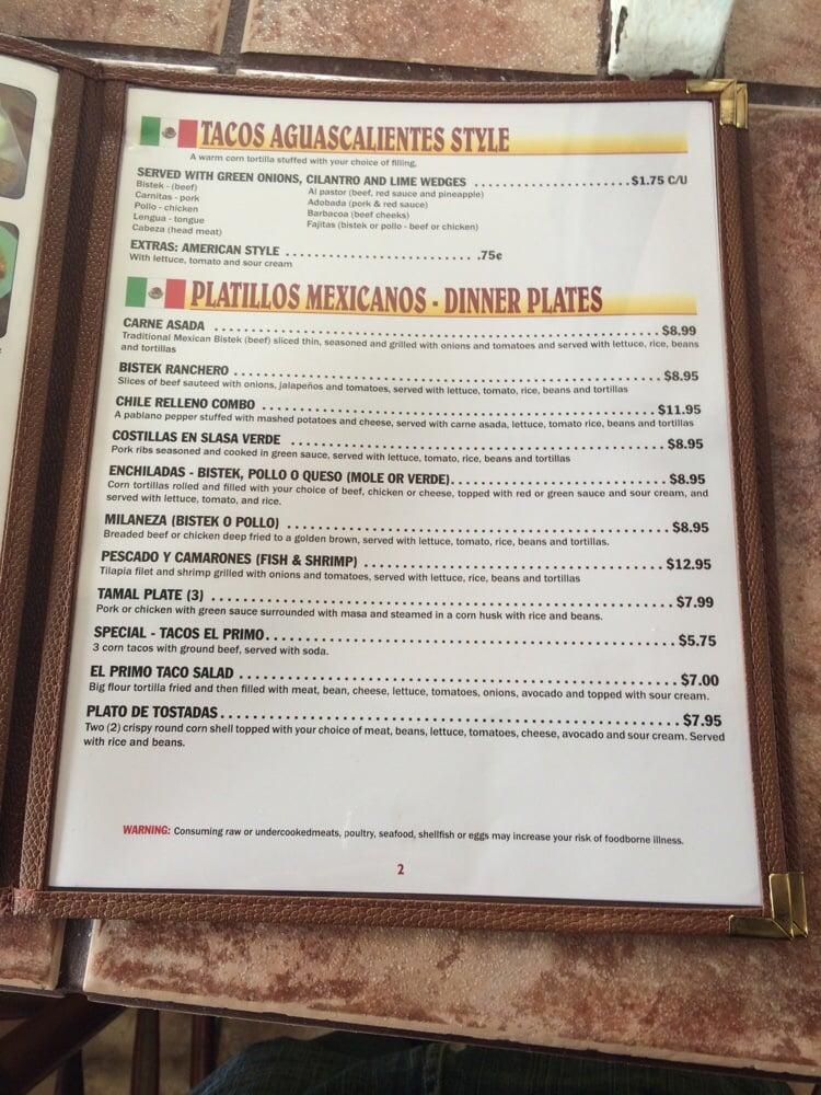 Menu at El Primo Taqueria restaurant, Bradenton