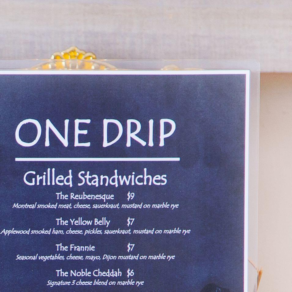 Menu at One Drip cafe, Saskatoon