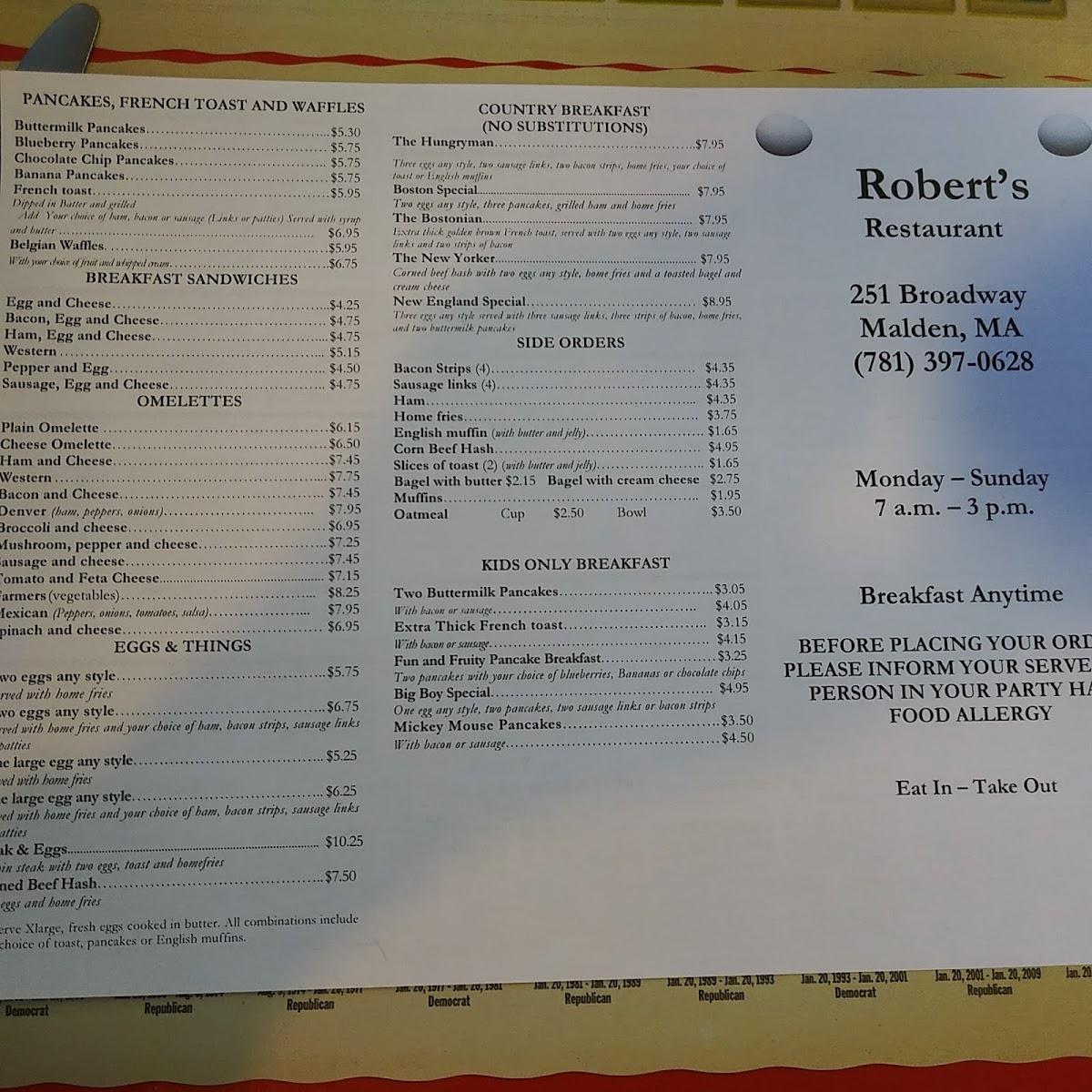 Menu at Robert's Restaurant, Malden, 251 Broadway # 5