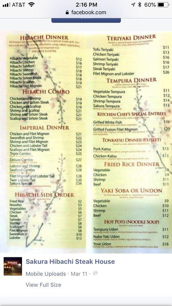 Menu at Sakura Hibachi restaurant, Wheelersburg