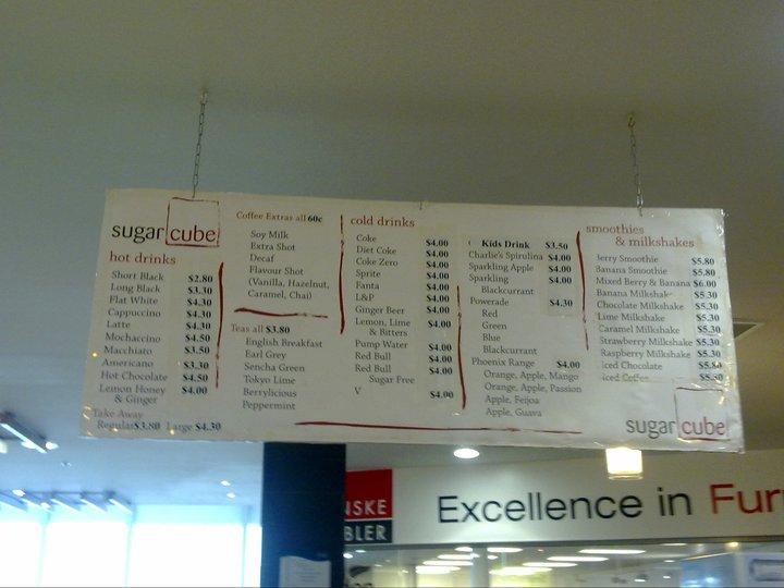Menu at Sugar Cube cafe, Lower Hutt, 28 Rutherford St
