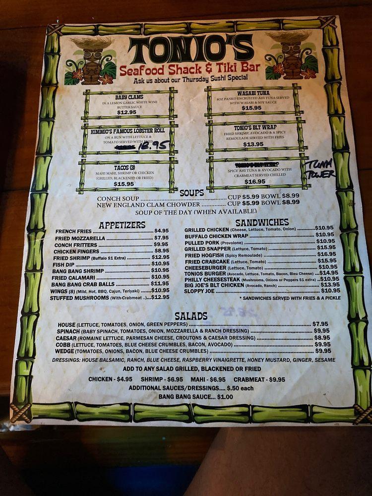 Menu at Tonio's Seafood Shack & Tiki Bar, Summerland Key