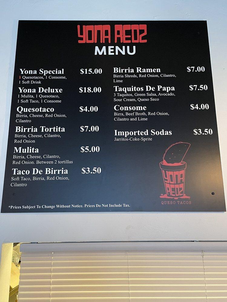 Menu at Yona Redz restaurant, Santa Barbara