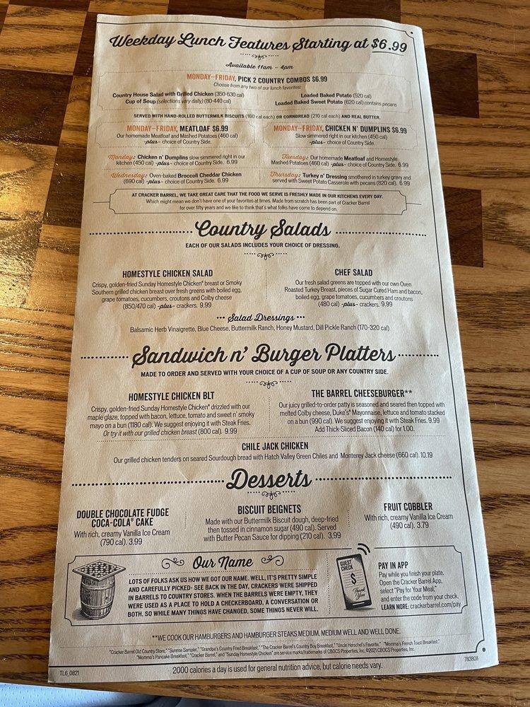 Menu at Cracker Barrel Old Country Store, Harker Heights