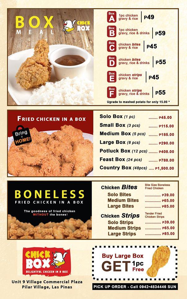Menu at Chick Box restaurant, Las Pinas