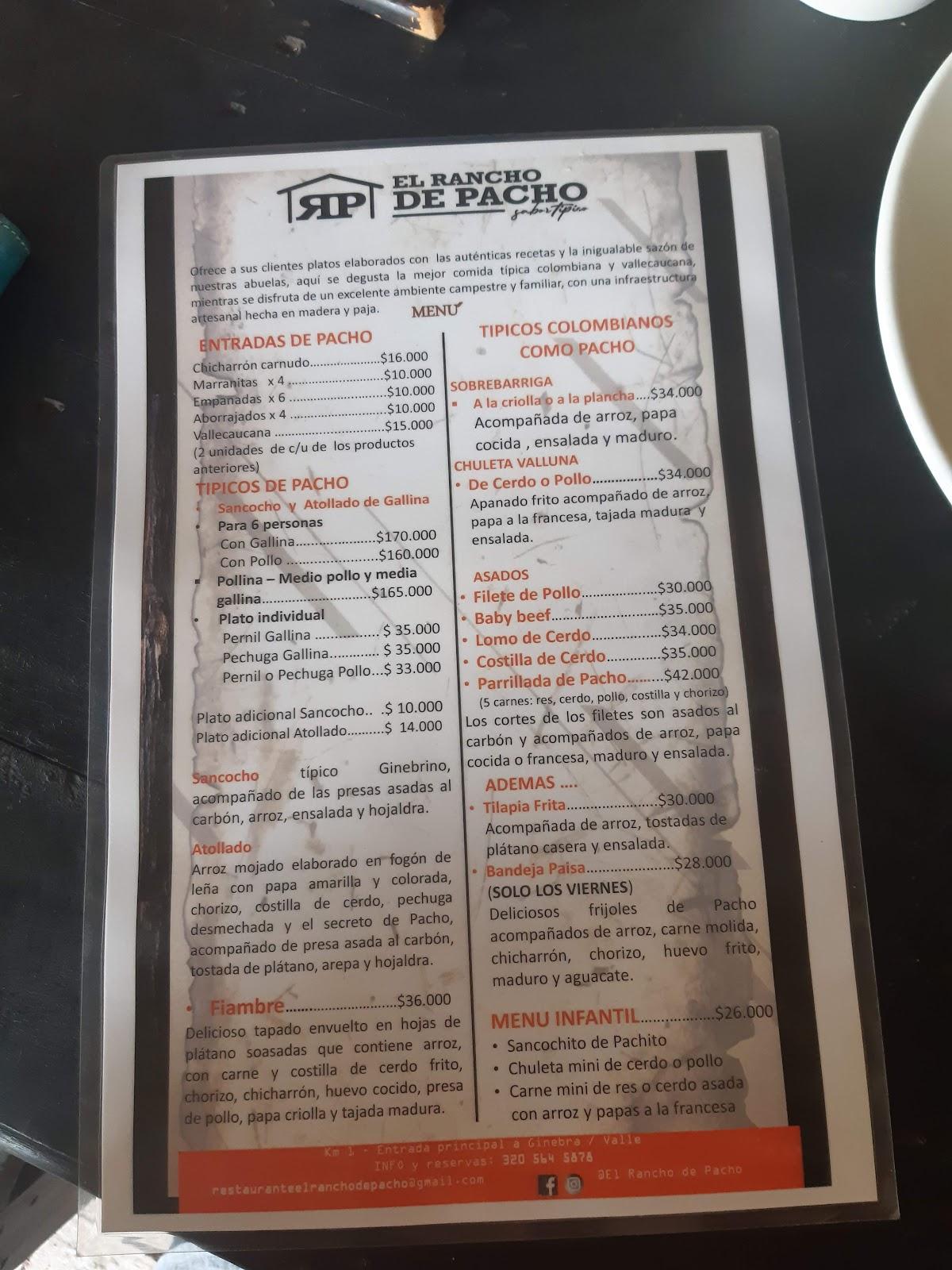 Carta del restaurante El Rancho del Pacho, Ginebra, Km 1 entrada ...