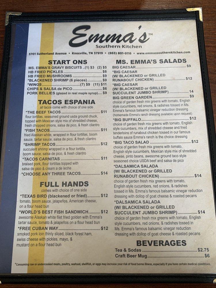 Menu at Emma's Southern Kitchen restaurant, Knoxville