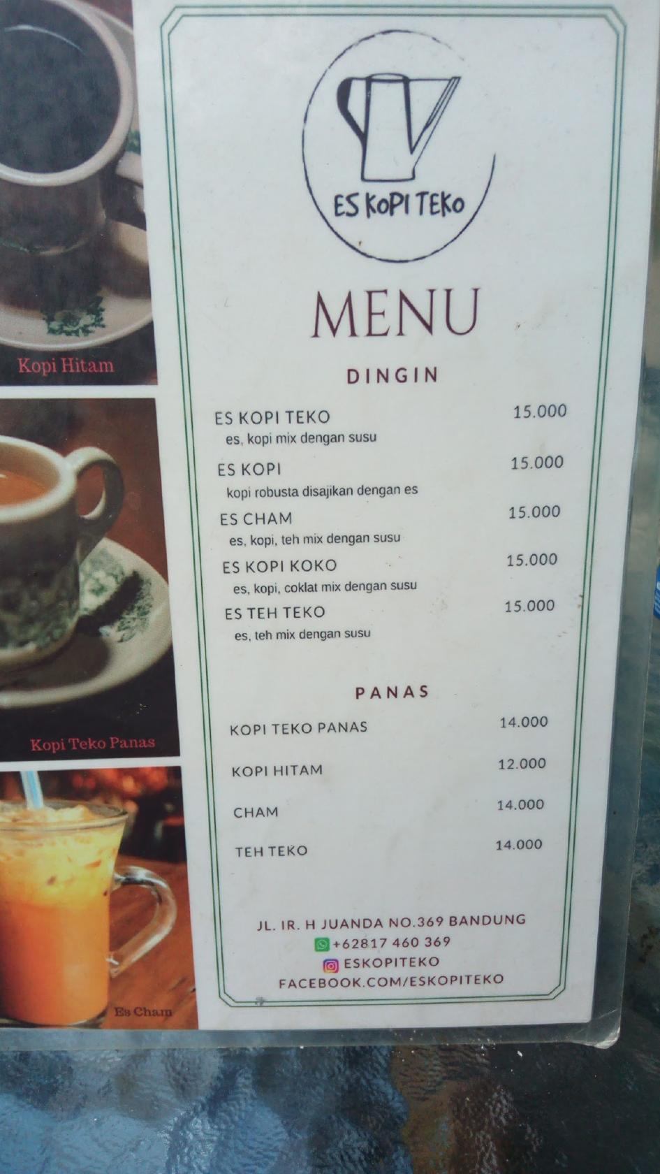 Menu at Es Kopi Teko cafe, Bandung