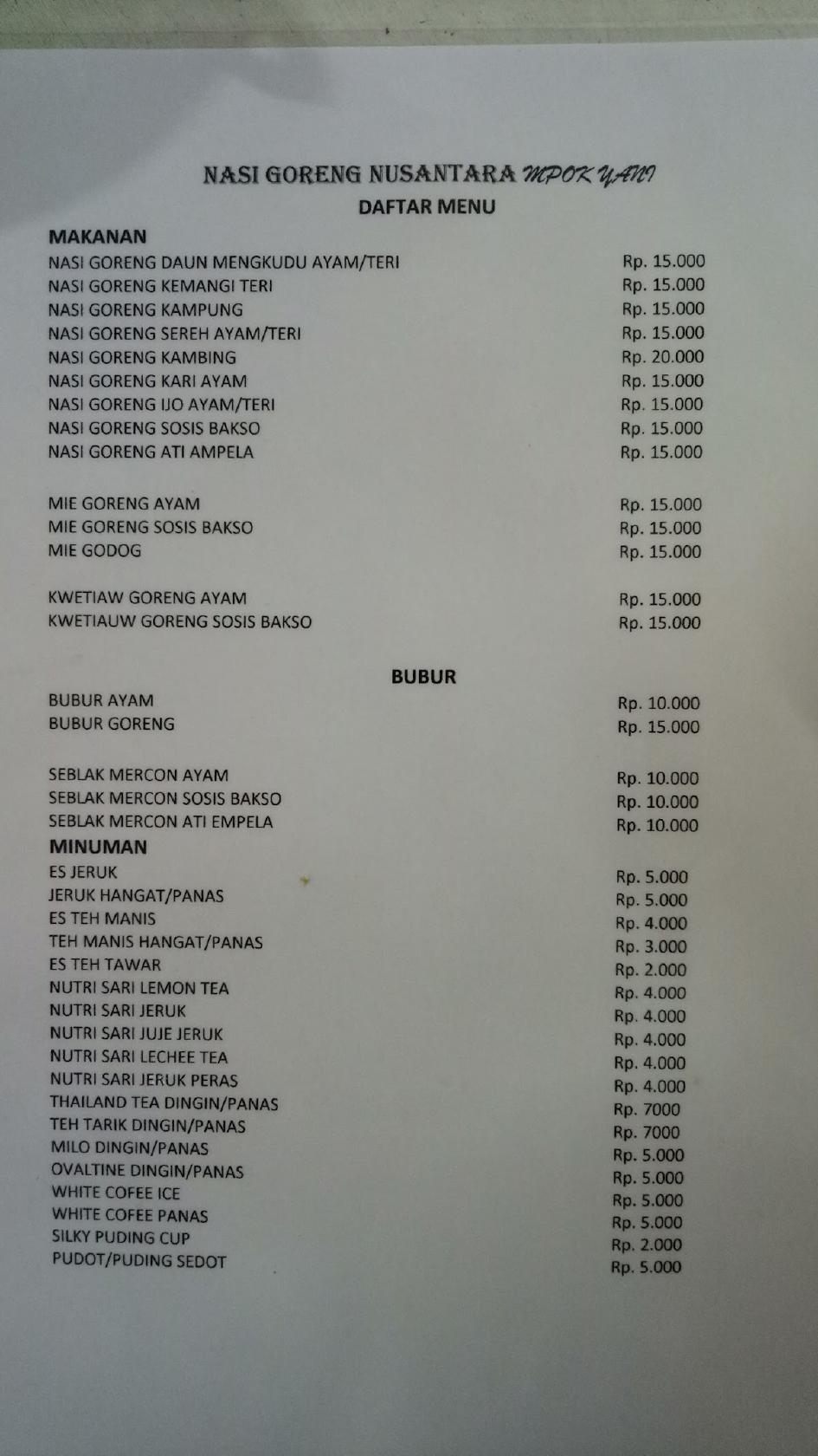 Menu at Nasi Goreng Nusantara Mpok Yani Rempoa restaurant, South Tangerang