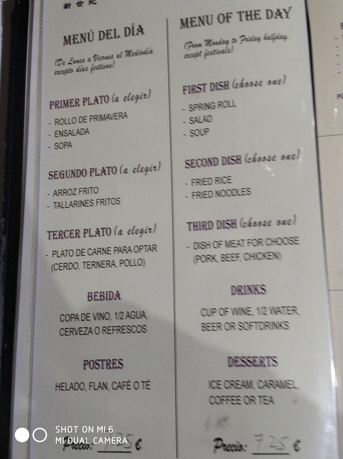 Carta del restaurante Nuevo Siglo, Cartagena