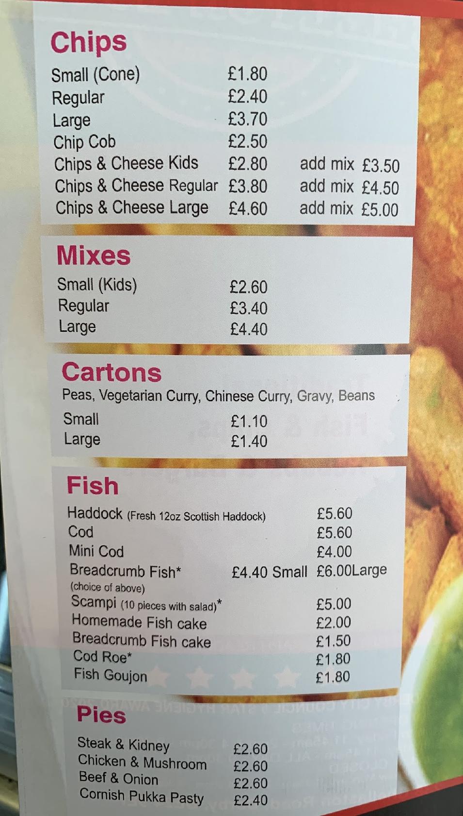 Menu at Shelton Lock Fish Bar, Derby