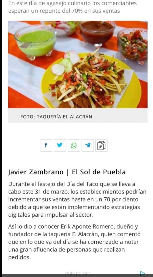 Carta del restaurante Taquería El Alacrán, Heroica Puebla del Zaragoza ...