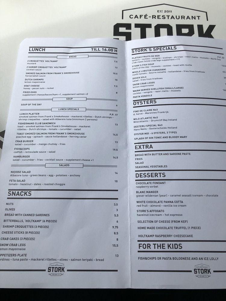 Menu at Café-Restaurant Stork, Amsterdam
