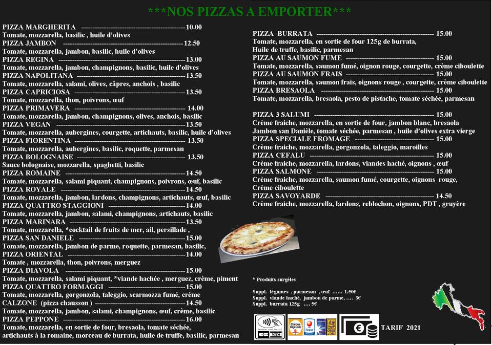 Menu au Chez Peppone pizzeria, Denain