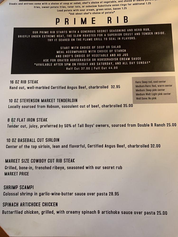 Menu at Tall Boys Tavern steakhouse, Hobson