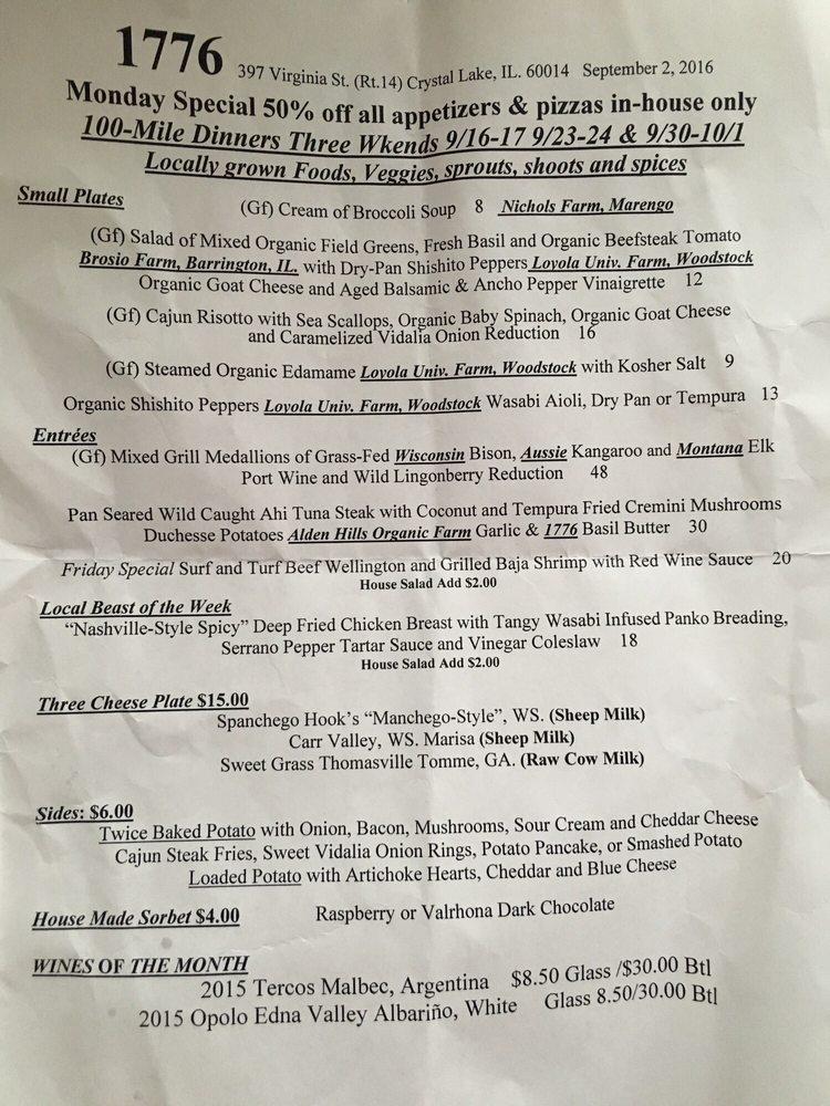 Menu at 1776 Restaurant, Crystal Lake